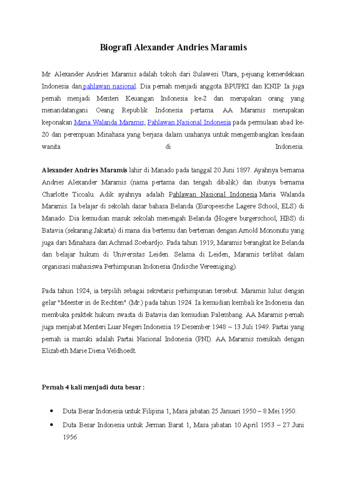 Biografi Alexander Andries Maramis: Pahlawan Nasional Indonesia - Studocu