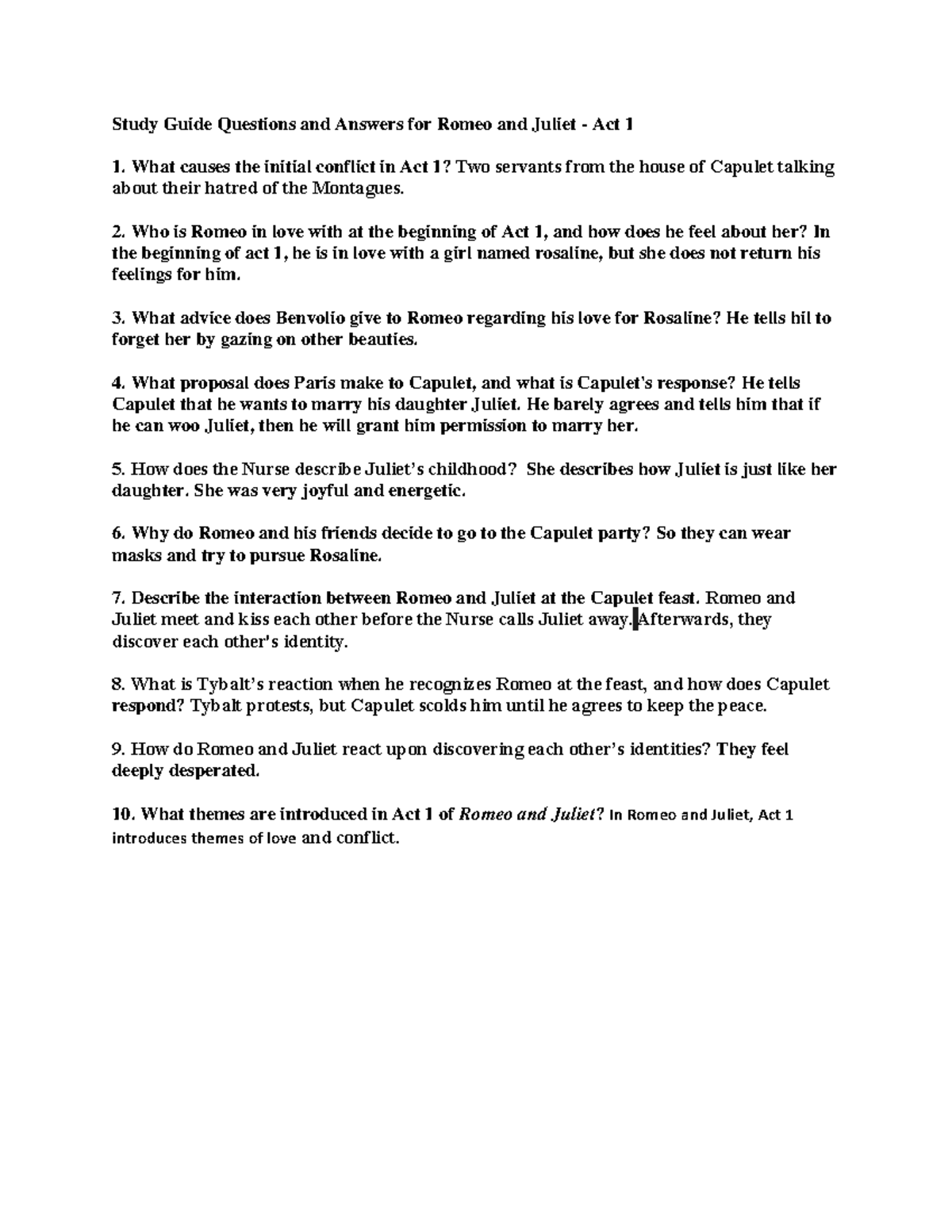 Romeo and Juliet Study Guide Questions Only Act 1 - Study Guide ...