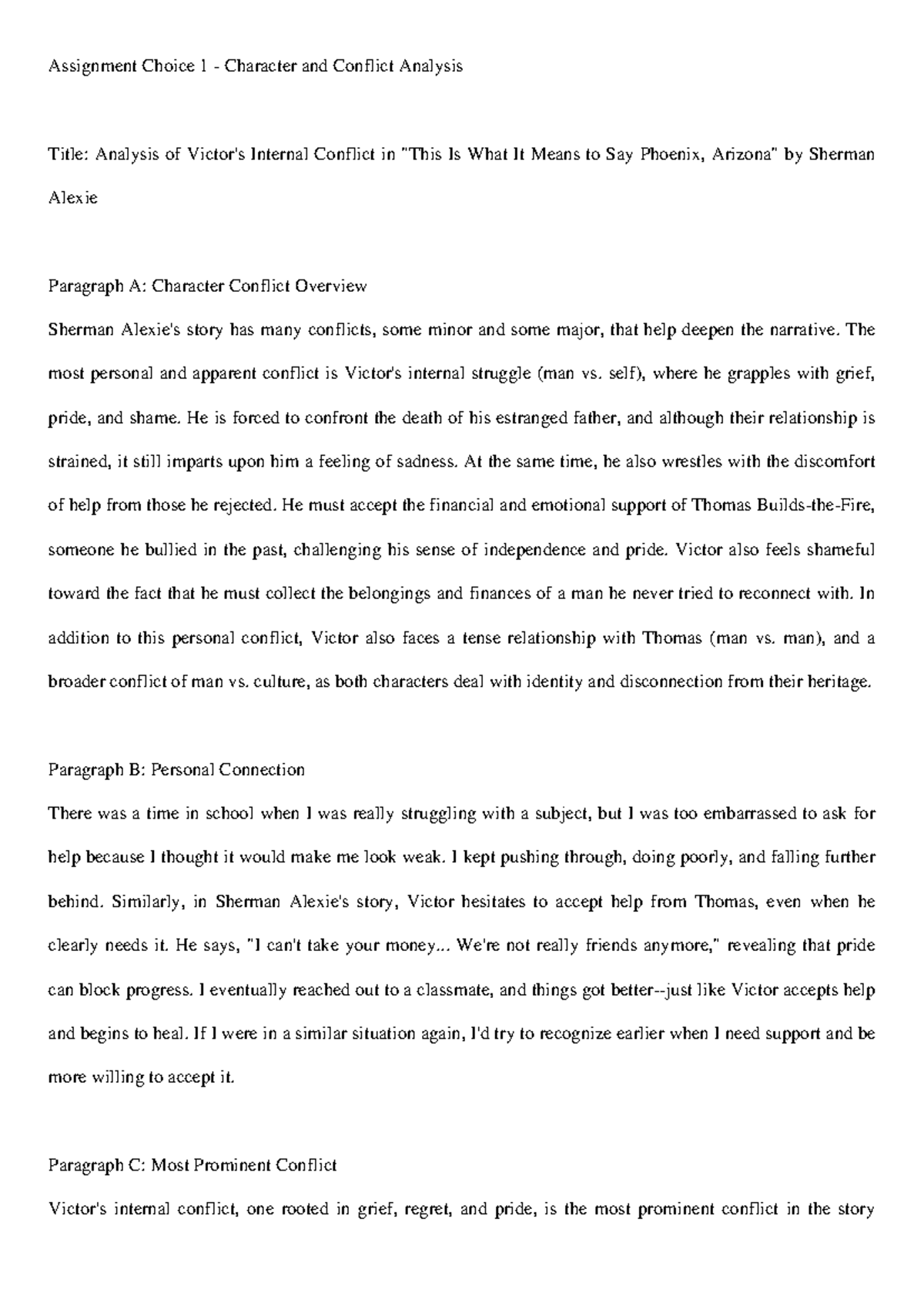 Assignment Choice 1: Internal Conflict Analysis in Alexie's "Phoenix ...