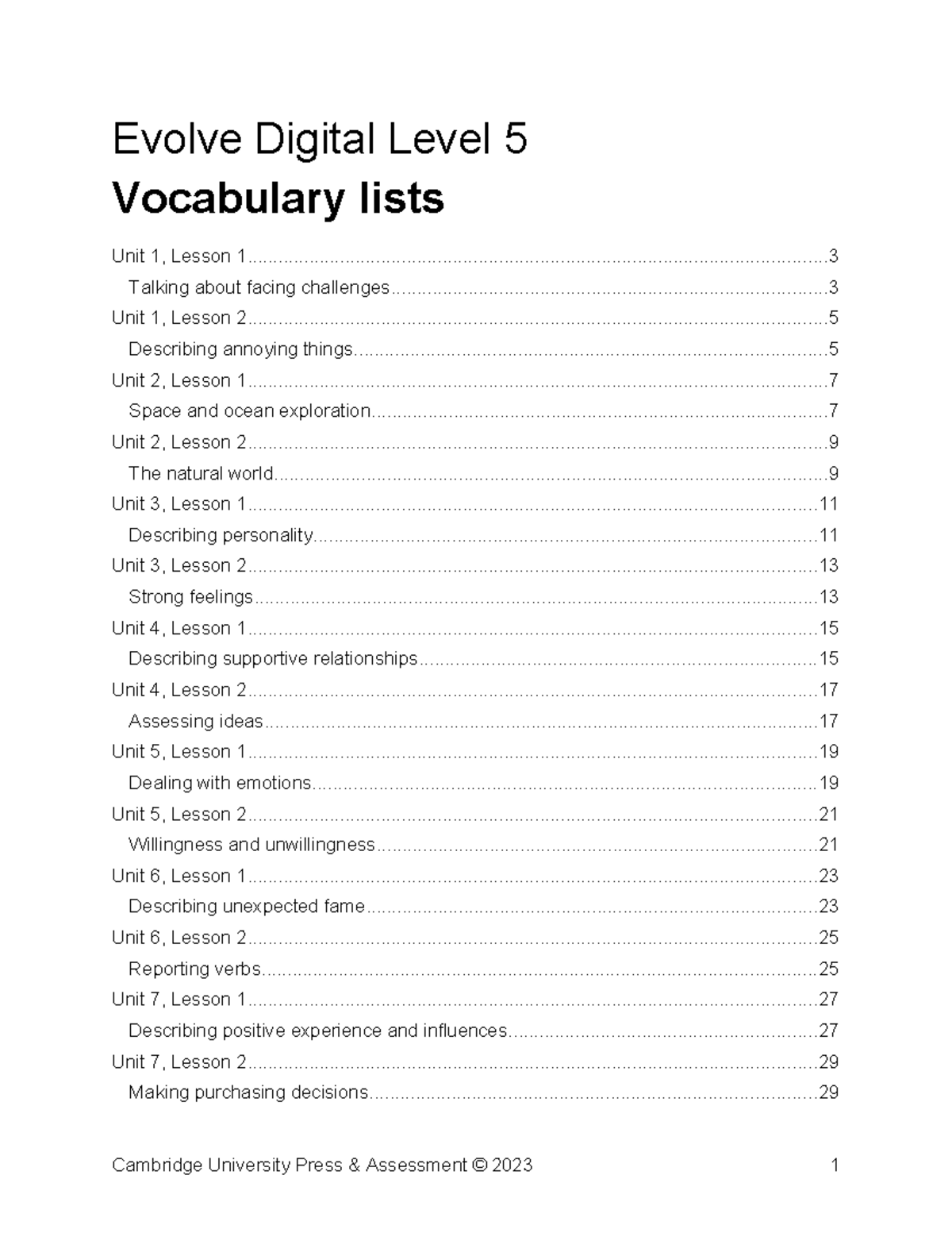 Evolve Digital Level 5 Vocabulary Lists for Language Mastery - Studocu