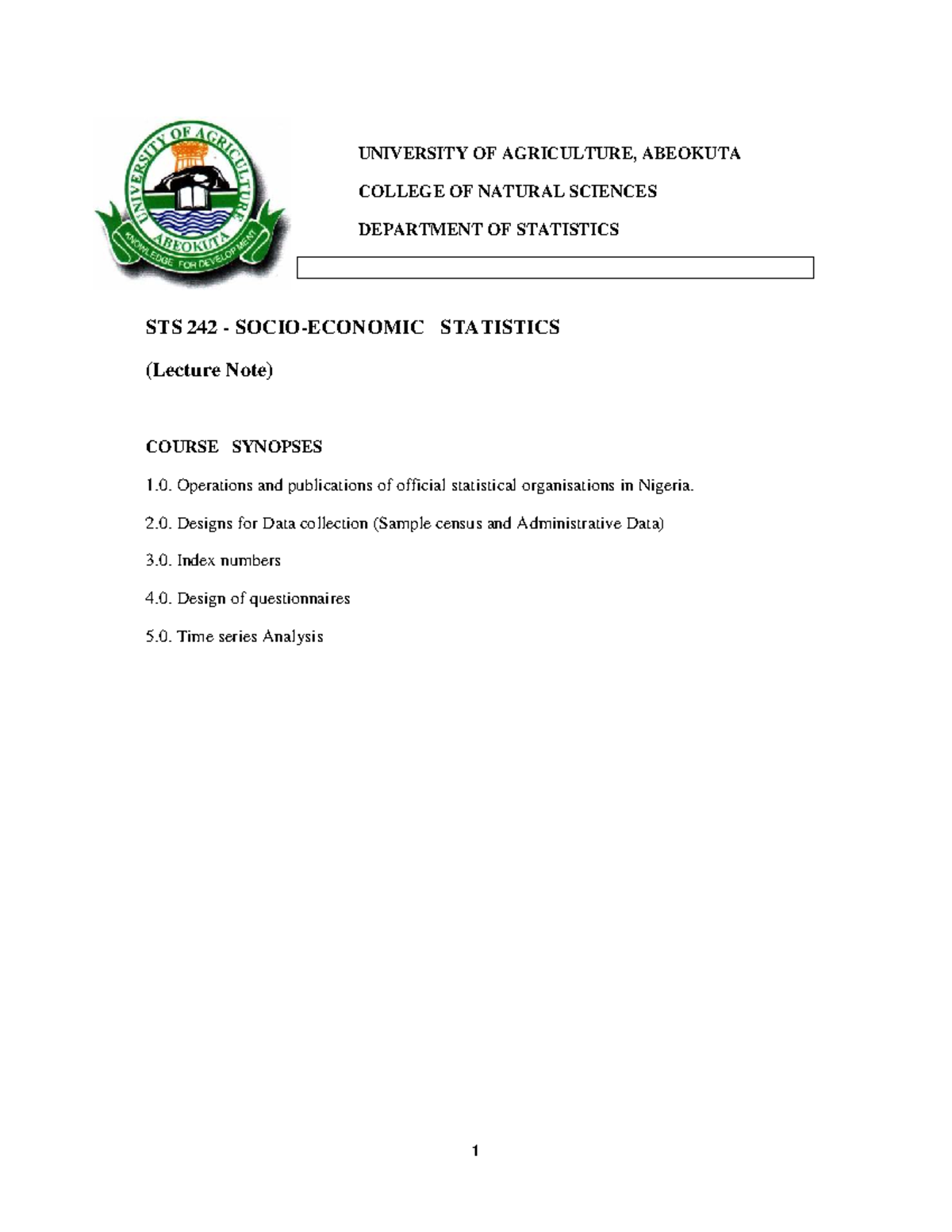 STA 242 Lecture Notes: Official Statistics & Data Collection Methods ...