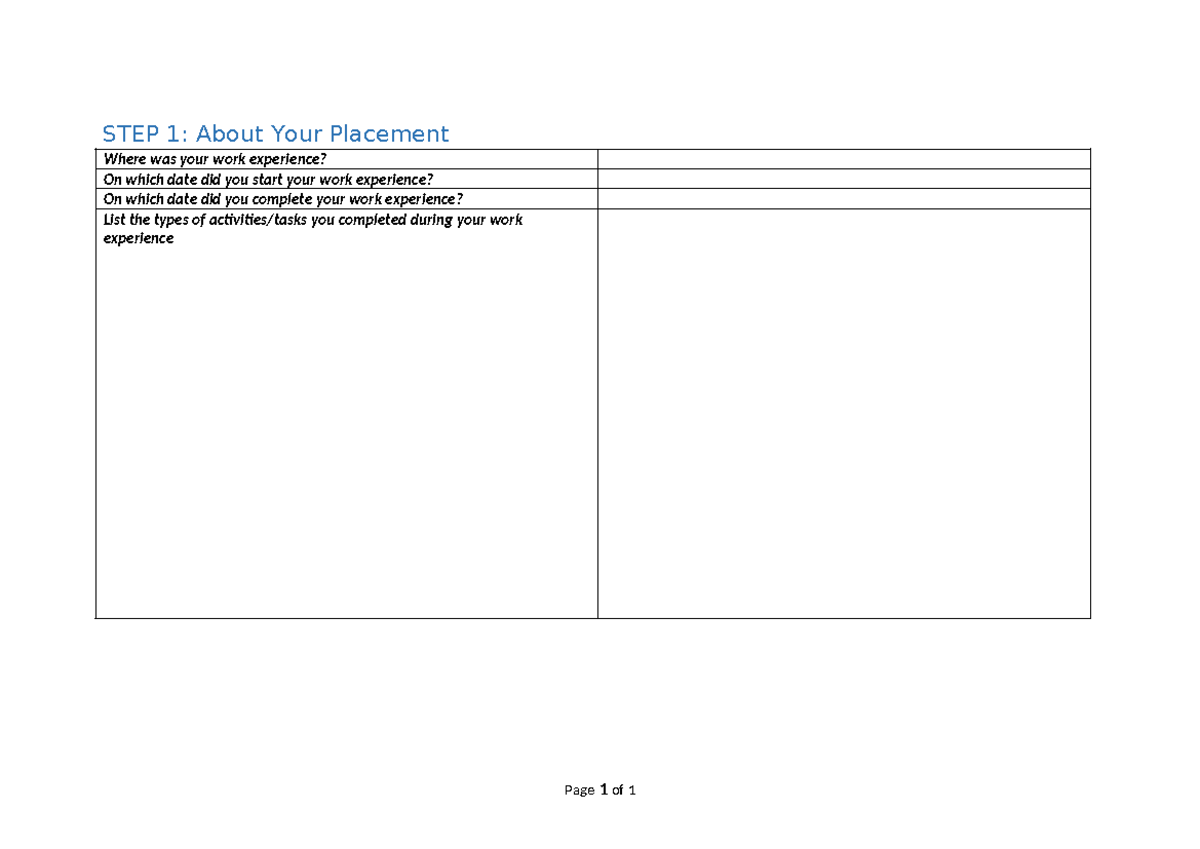 Reflective Template - Work Experience Reflection - ECHP424 - STEP 1 ...
