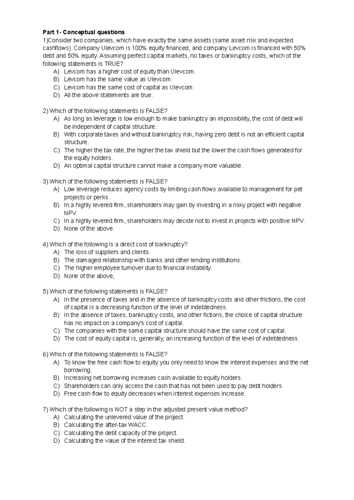 Financial Management - Final Exam Questions (FM 101) - Studocu