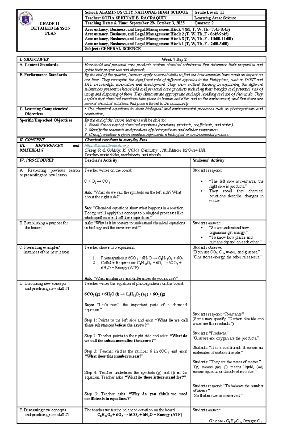 Gensci 11 Q2 W4D2 - Detailed Lesson Plan on Chemical Reactions - Studocu