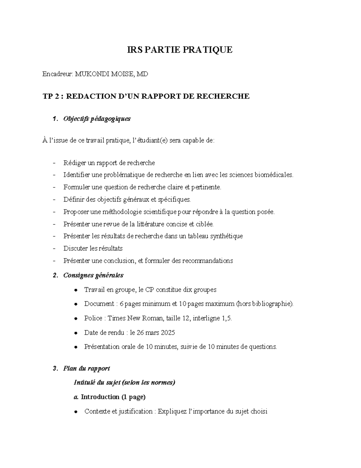 TP 2 : Rédaction Rapport de Recherche en Sciences Biomédicales - Studocu