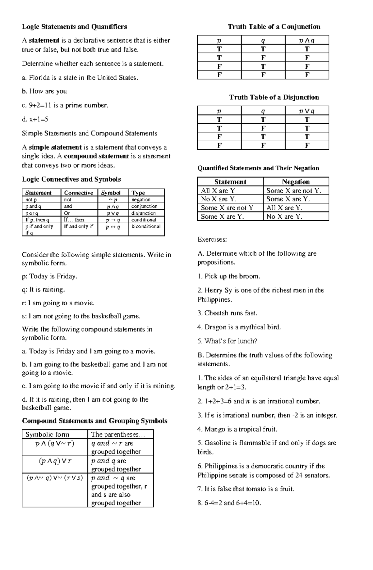Inbound 8686301508531154763 - Logic Statements and Quantifiers A statement is a declarative ...