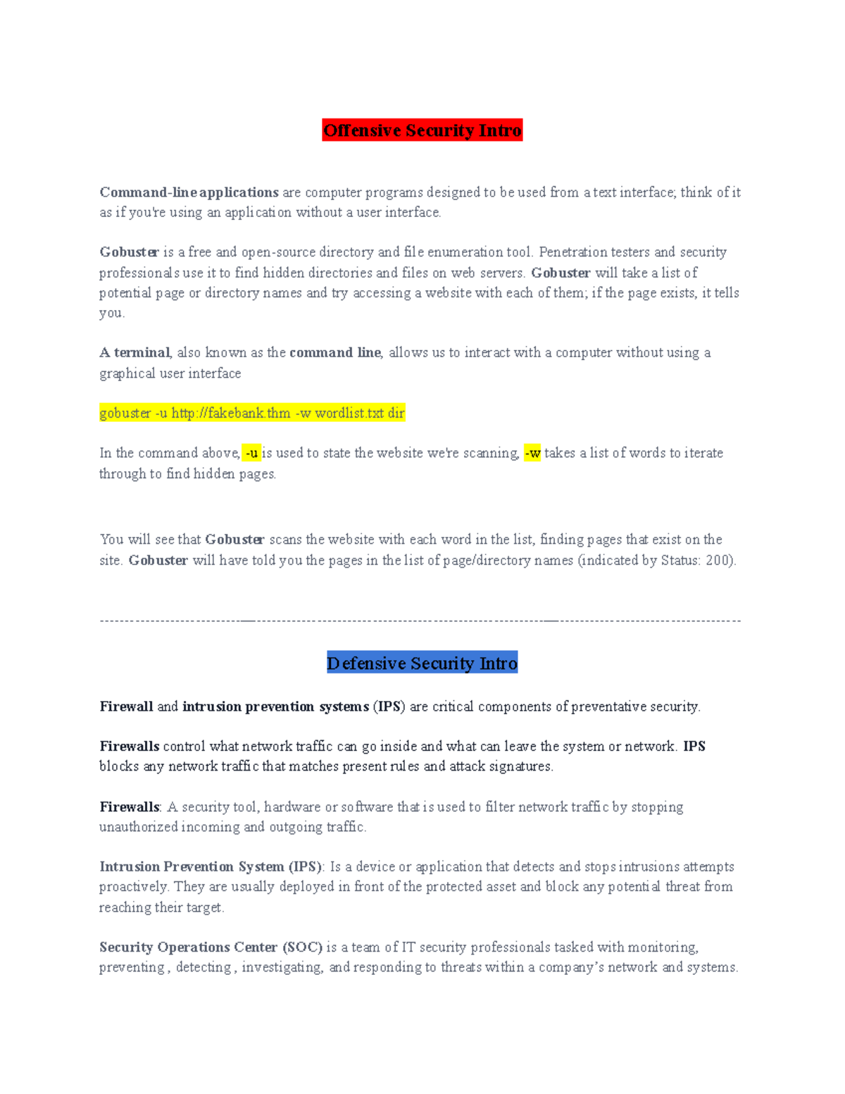 Offensive Security Intro: Gobuster & Defensive Security Tools - Studocu