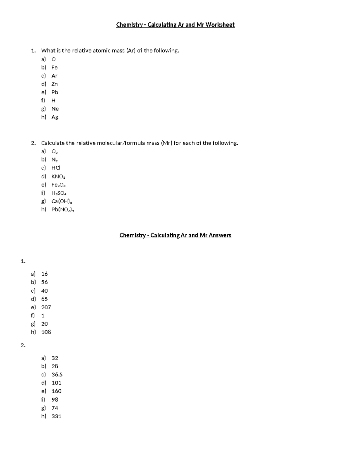 Chemistry Ar and Mr worksheet 1: Calculating atomic and molecular ...