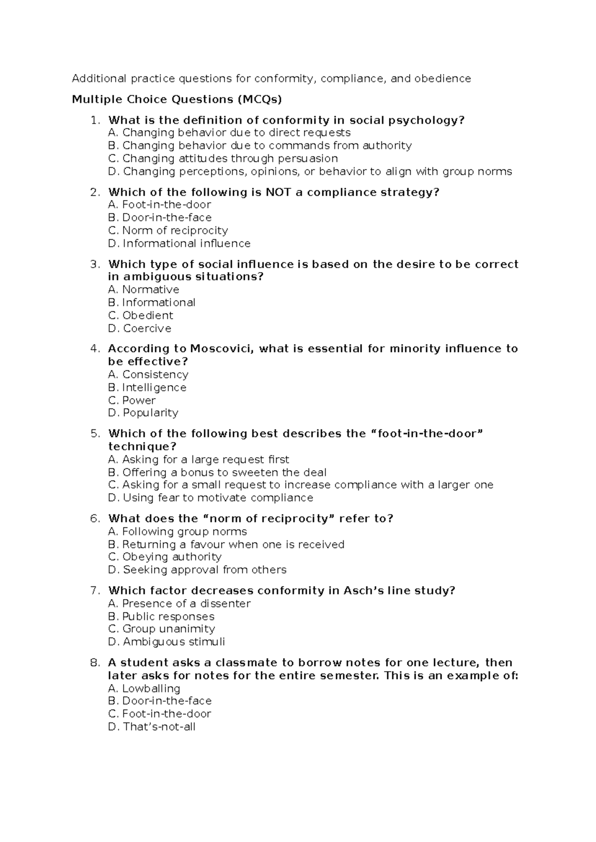 Conformity, Compliance, and Obedience MCQs and Answers for PSY 101 ...