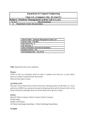 Database report - solve - Lab No: Problem 1: Create the following tables i) Ans: create table ...