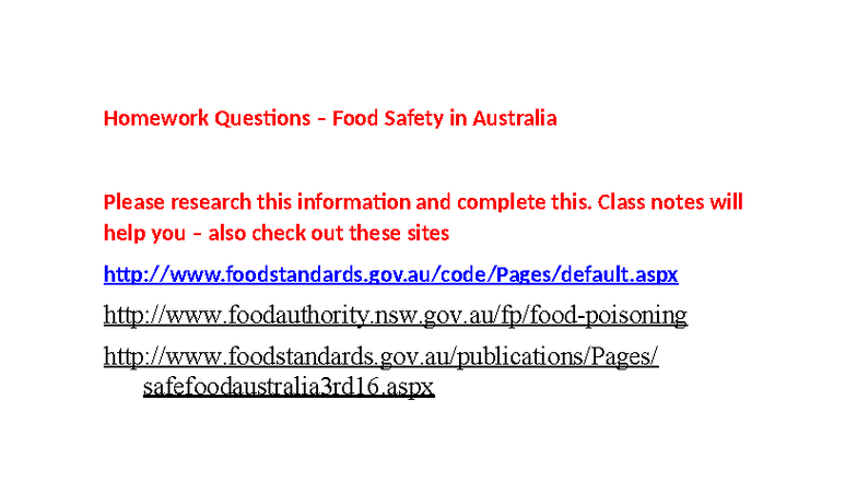 Homework Questions - Food Safety in Australia (FSANZ) - Studocu