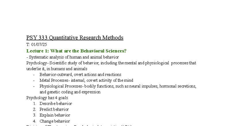 PSY 333 - Lecture 1: Introduction to Quantitative Research Methods - Studocu