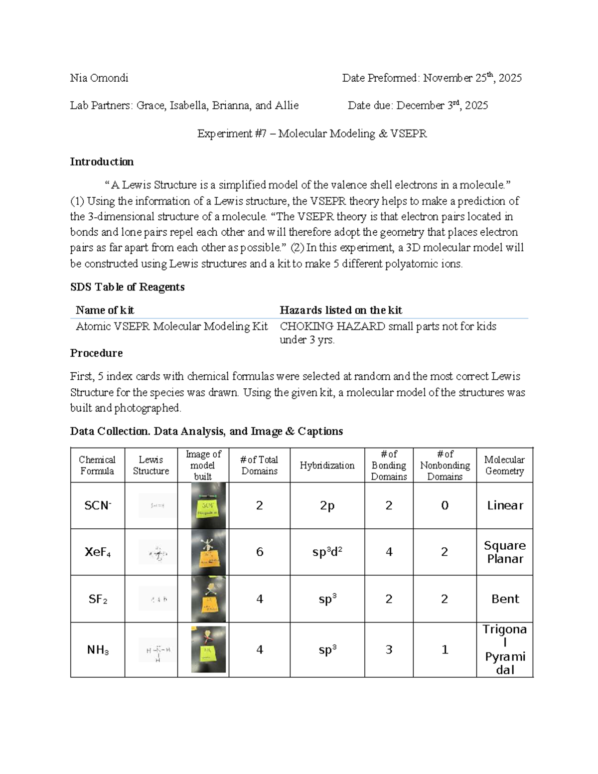 Molecular Modeling Experiment (CHEM 101) - VSEPR & Lewis Structures ...
