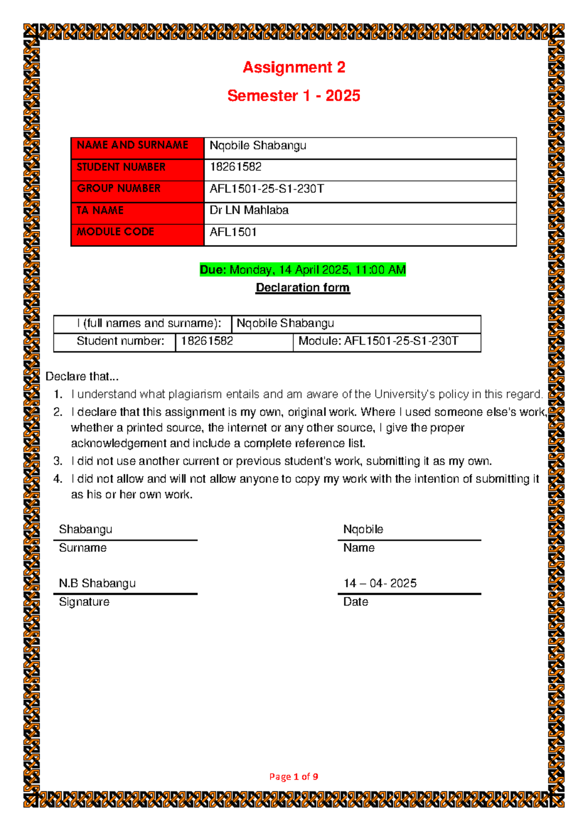 AFL1501 Assignment 2: Language, Identity, and Cultural Significance - Studocu