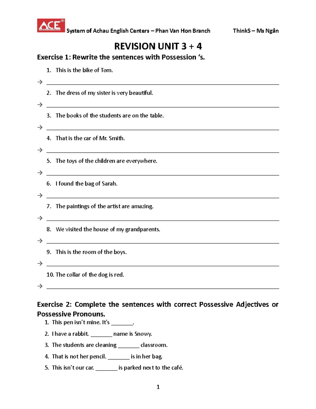 Revision UNIT 3+4: Possessive Adjectives & Pronouns Exercises - Studocu