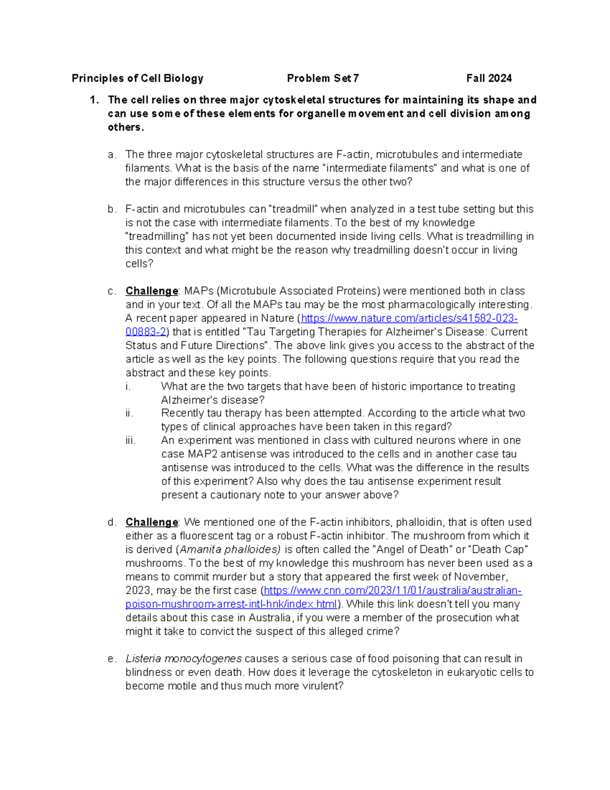 Problem Set 7 Fall 2024 - Principles of Cell Biology Problem Set 7 Fall ...