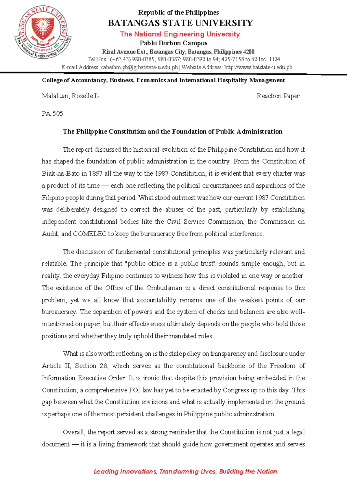 PA 505 Reaction Paper: The Philippine Constitution & Public Admin - Studocu