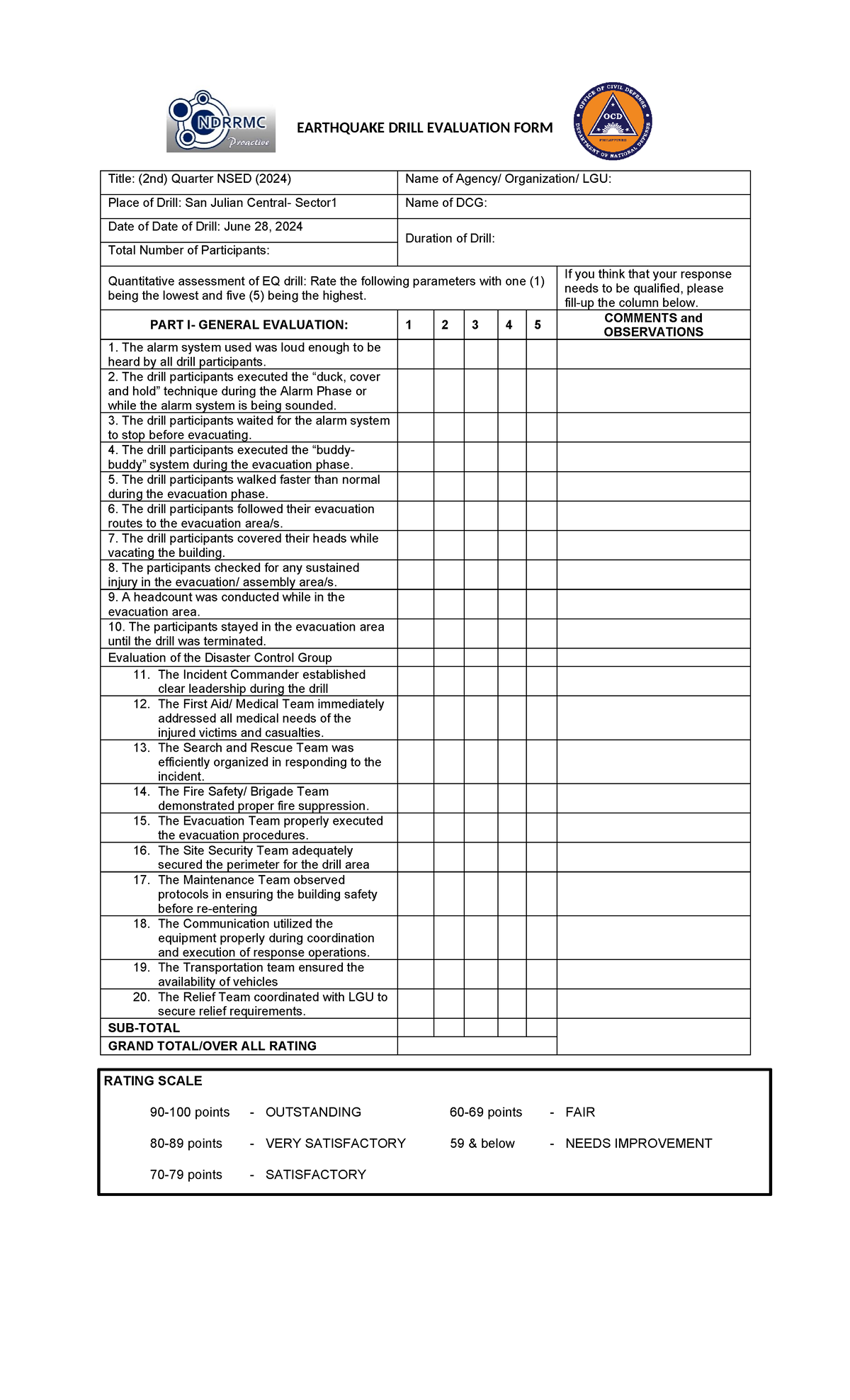 NSED 2024 Earthquake Drill Evaluation Form - San Julian Sector 1 - Studocu