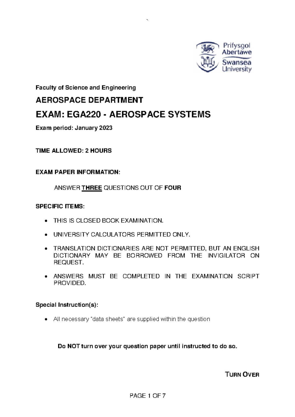 EGA220 Aerospace Systems Exam Paper January 2023 - TB1 22-23 - Studocu