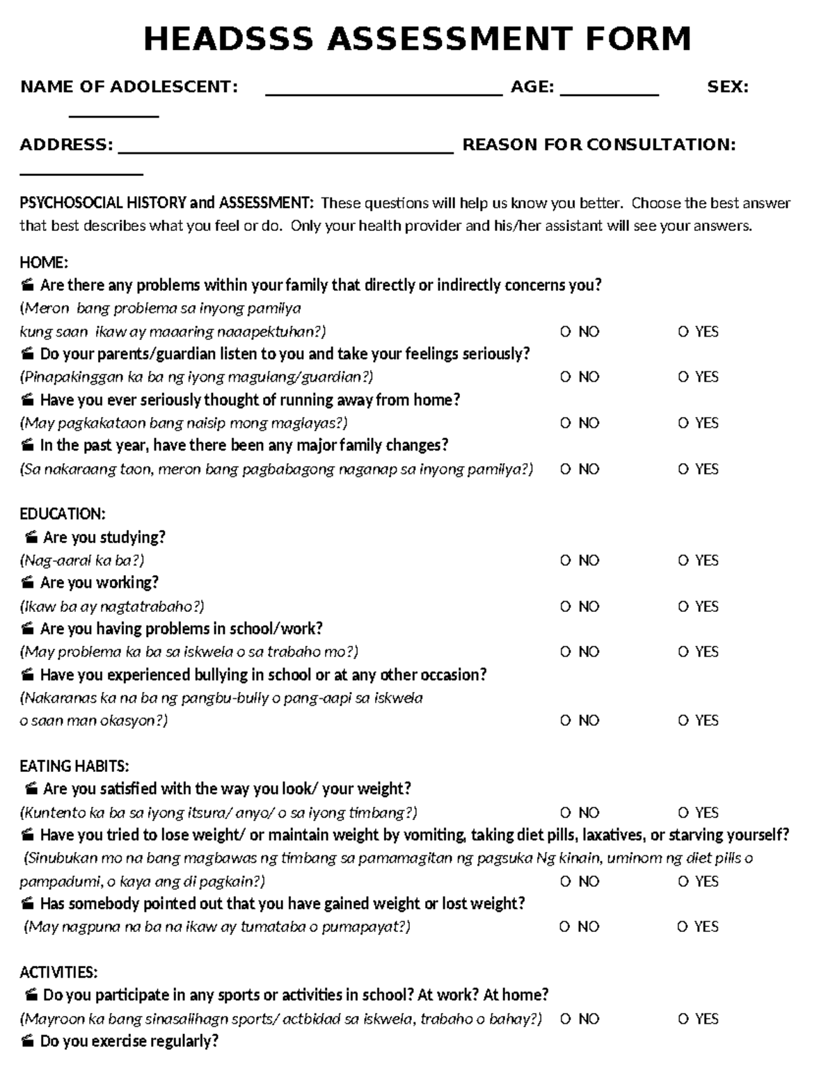 HEADSSS Assessment Form for Adolescents - 2022 - Studocu