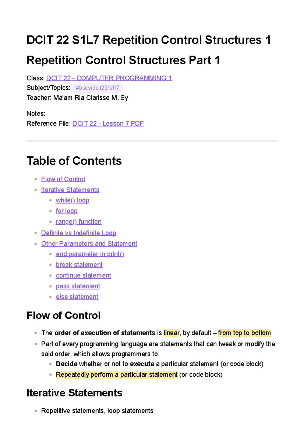 DCIT 22 S1 L7: Intro to Repetition Control Structures in Python - Studocu