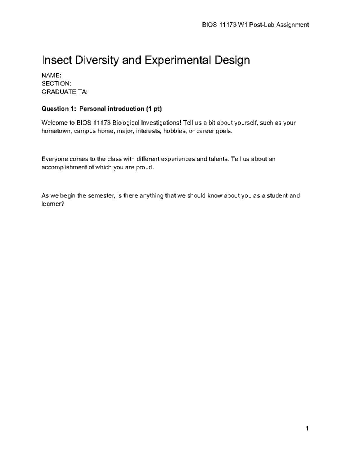 W1 Post-Lab - Insect Diversity and Experimental Design Report - Studocu