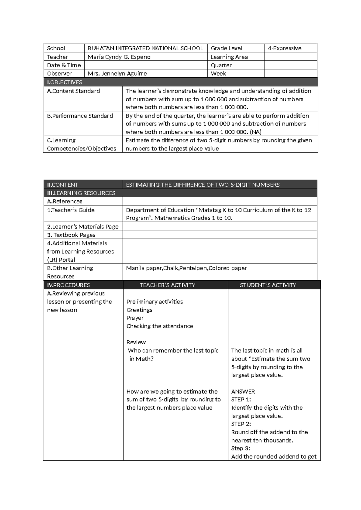 Grade 4 Math Lesson Plan: Estimating 5-Digit Differences - Studocu