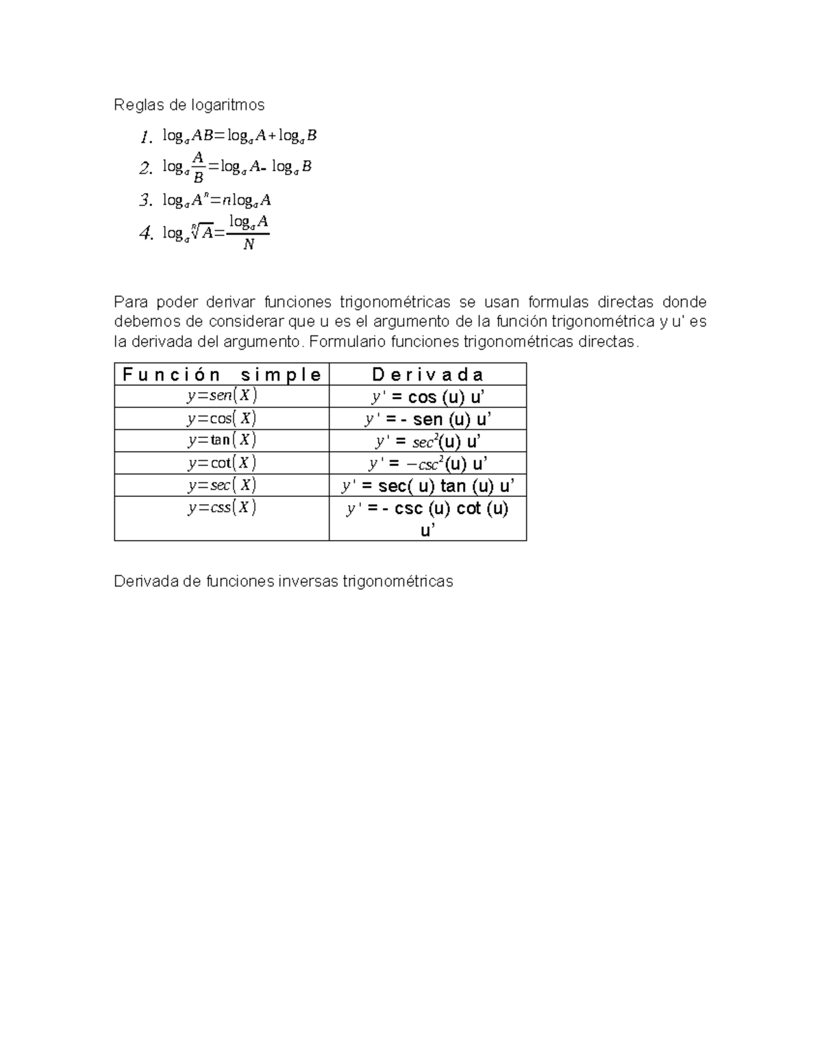 Formulas(derivar) - Formulario derivación - Reglas de logaritmos 1 ...