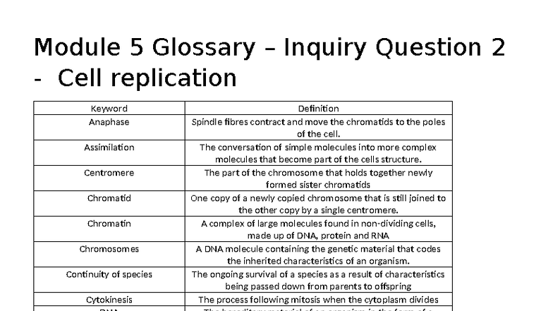 Bio Module 5: Cell Replication Glossary for Inquiry Question 2 - Studocu