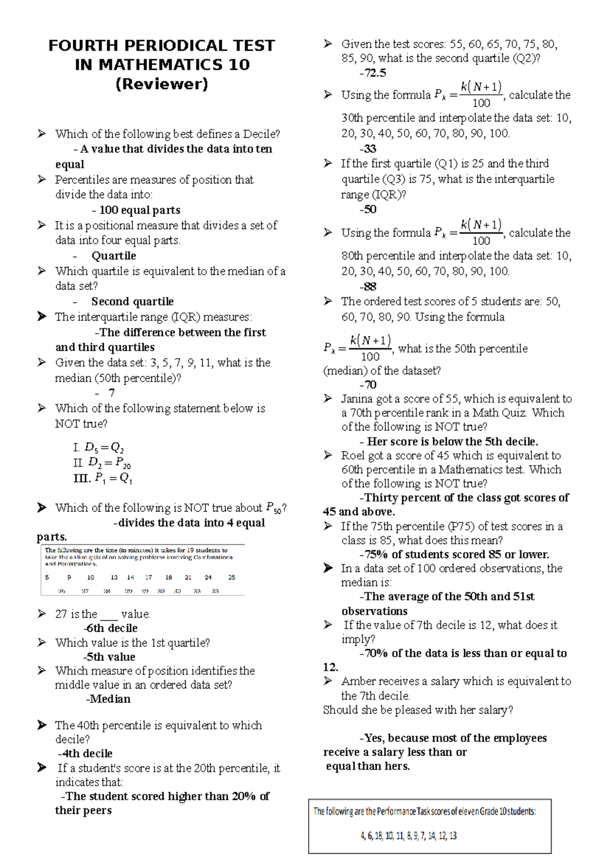 4TH PERIODICAL TEST IN MATH 10 (Reviewer) on Deciles and Percentiles ...