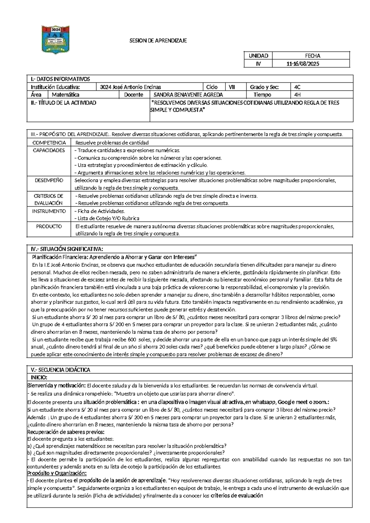 SESION DE APRENDIZAJE 4TO C: REGLA DE TRES SIMPLE Y COMPUESTA - Studocu