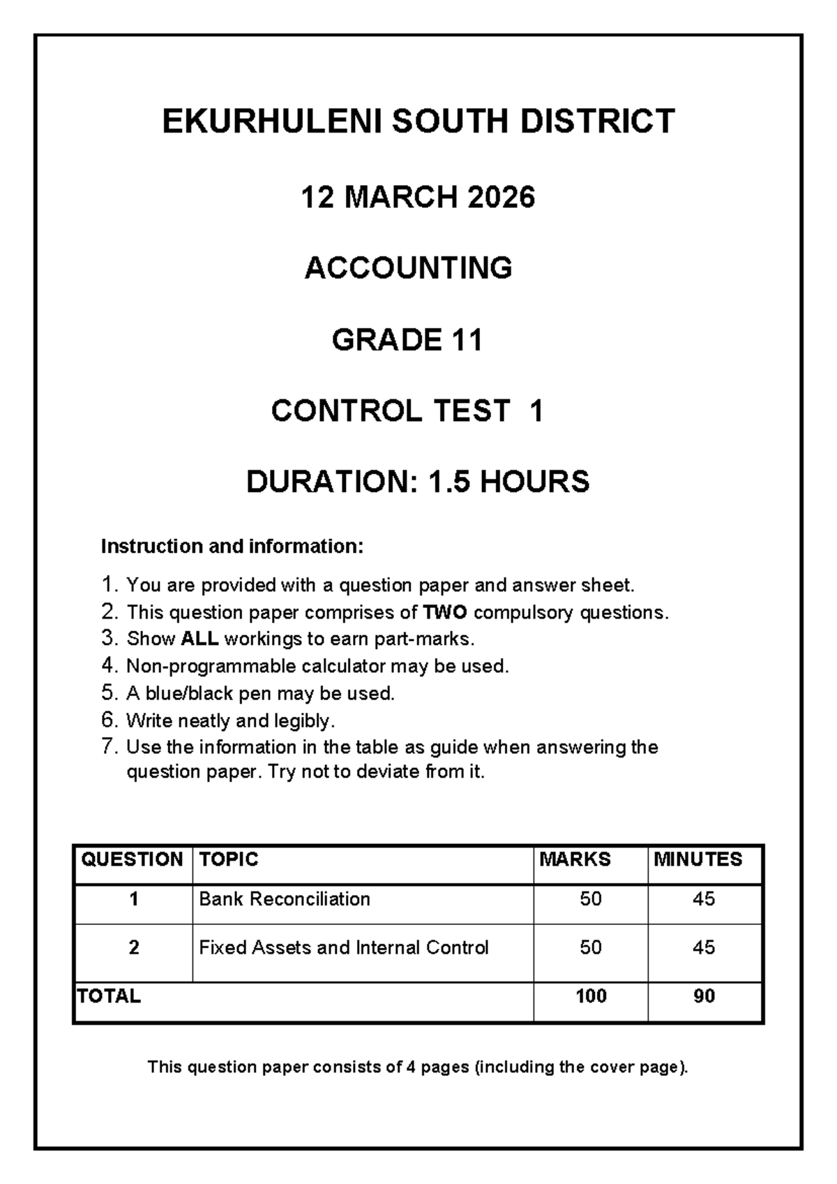 Grade 11 Accounting Control Test 1 - March 2026 - Studocu