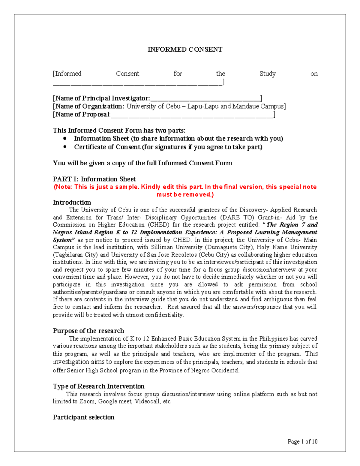 Informed Consent Form for K to 12 Research Study (UCLM Sample) - Studocu