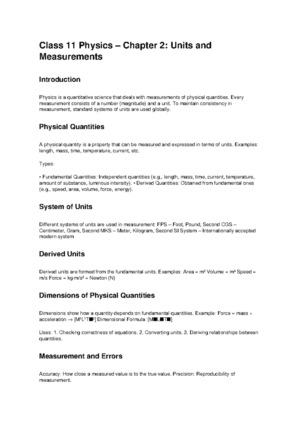 Class 11 Physics Chapter 2: Units & Measurements Notes - Studocu