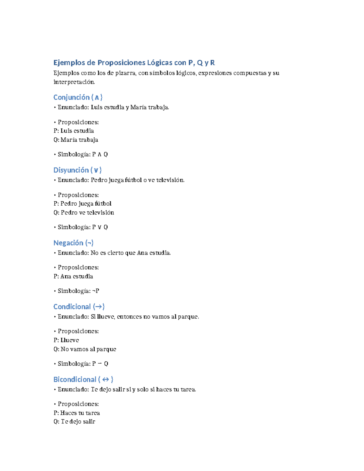 Ejemplos de Proposiciones Lógicas: P, Q y R - Studocu