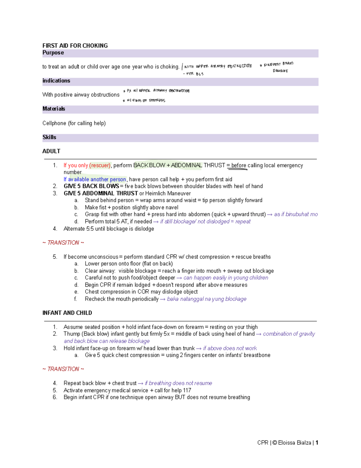 FBAO - First Aid Procedures for Choking Response Guide - Studocu