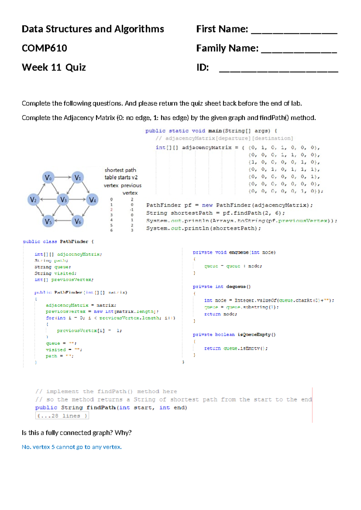 DSA COMP610 Week 11 Quiz Answers and Graph Analysis - Data Structures and Algorithms - Studocu