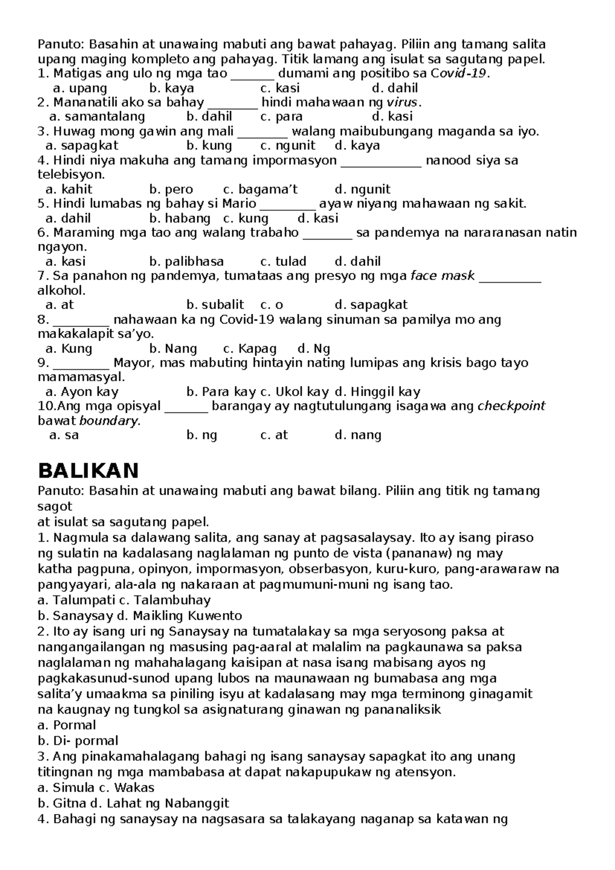 Pang Ugnay at Sanaysay Worksheet para sa Filipino 101 - Studocu