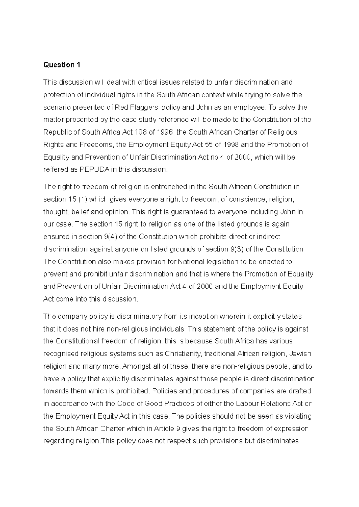 Labour Relations Assignment: Discrimination & Fairness in SA Law - Studocu