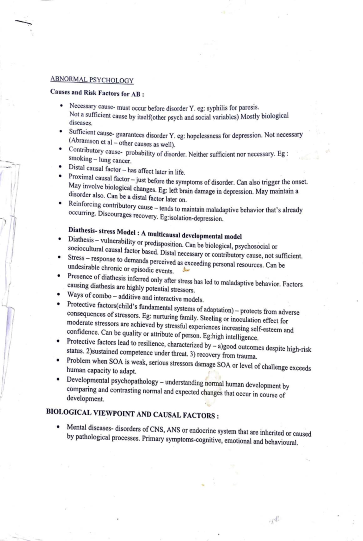 AP PSYCHOLOGY Unit 2 Notes: Abnormal Psychology Causes & Factors - Studocu