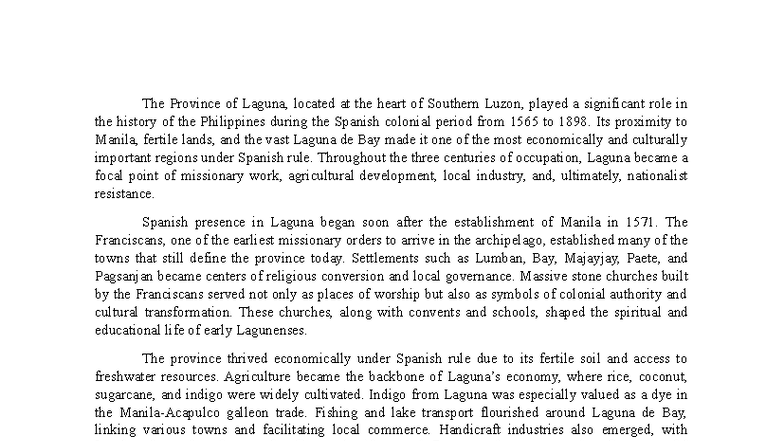 The Province of Laguna (HIST 101): Insights into Spanish Colonial ...