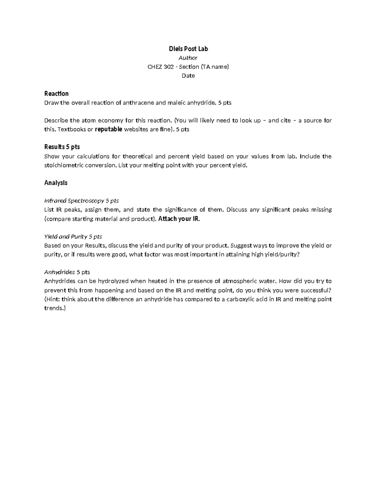 Sp24 CHEZ 302 Diels-Alder Post Lab Analysis and Results - Studocu