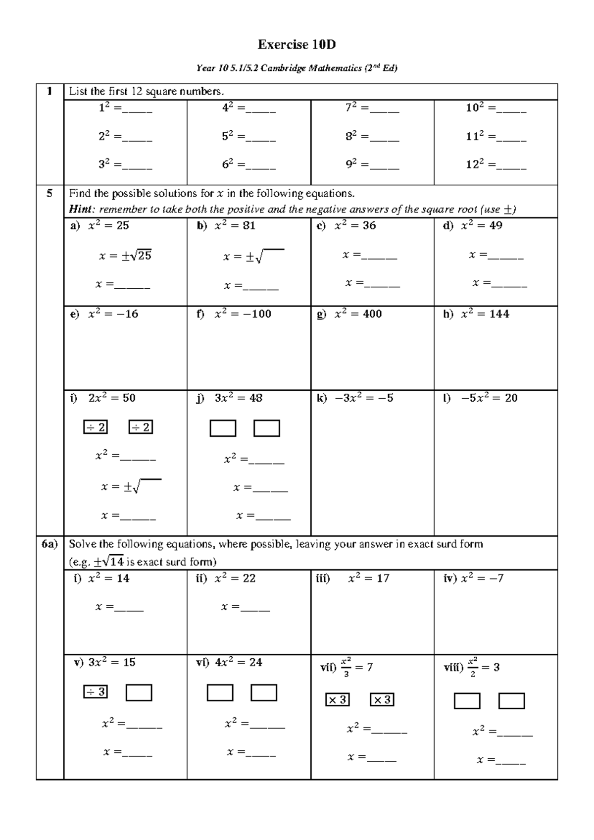 Year 10 Cambridge Maths (2nd Ed) Exercise 10D: Simple Quadratics - Studocu