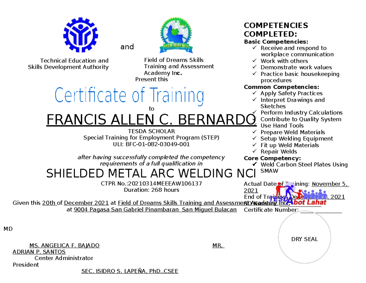 COMPETENCIES COMPLETED: Shielded Metal Arc Welding NCI - STEP - Studocu