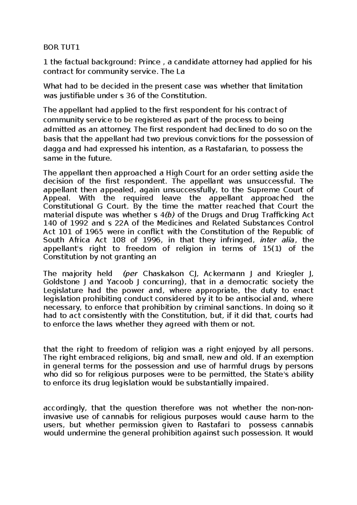 BOR TUT1 - Case Study on Constitutional Rights and Drug Legislation ...