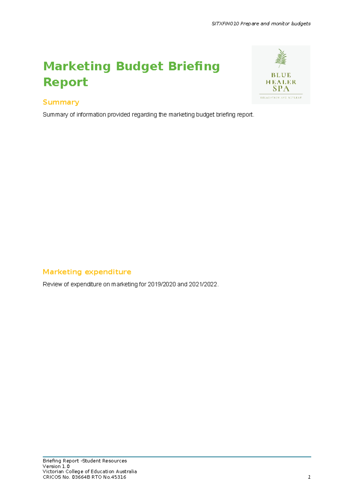 SITXFIN010 Marketing Budget Briefing Report Template v1 - Studocu