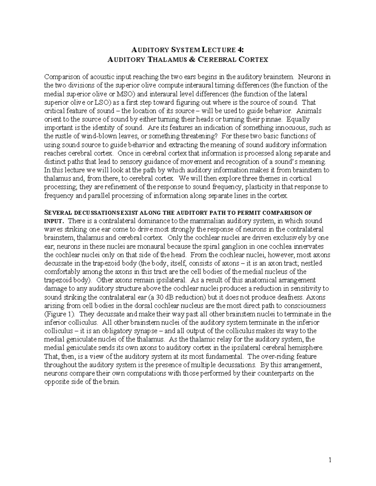 AUDITORY SYSTEM LECTURE 11: THALAMUS TO CORTEX CONNECTIONS - Studocu