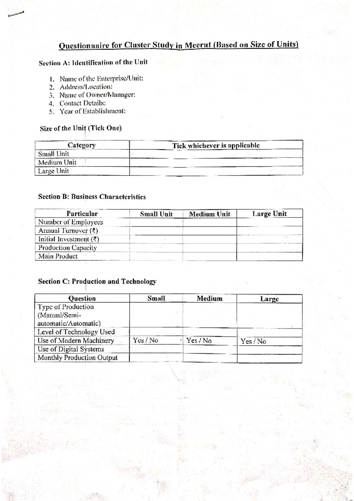 Questionnaire for Cluster Study in Meerut: Unit Size Analysis - Studocu