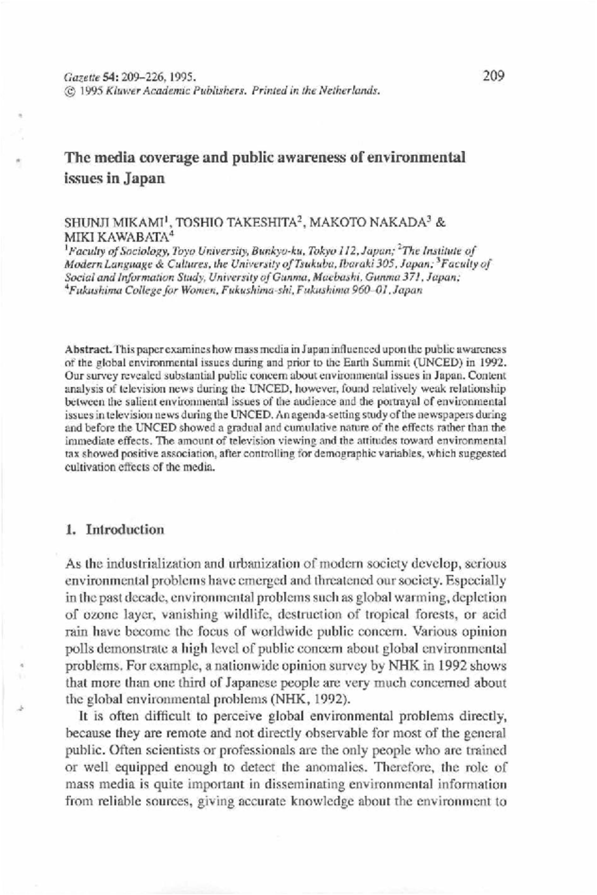 Media Coverage and Public Awareness of Environmental Issues in Japan ...