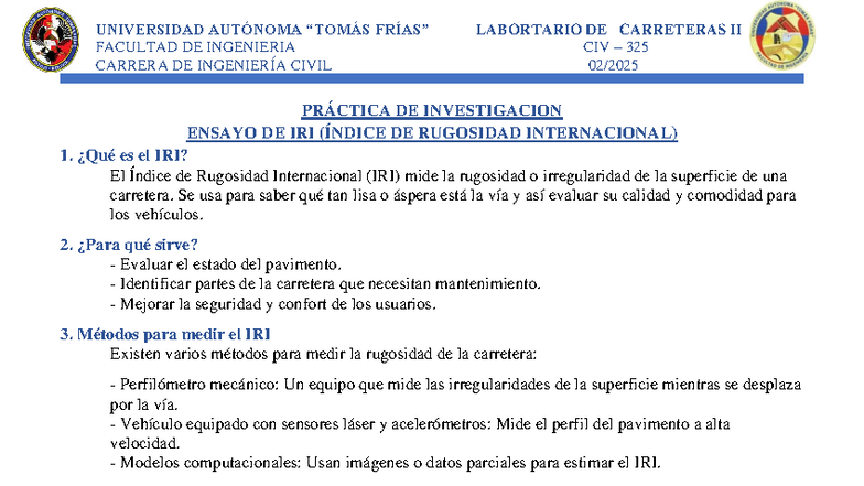 Laboratorio N°6: Ensayo de IRI (Índice de Rugosidad Internacional) CIV ...